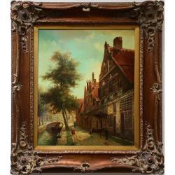 SCHROTER G. (1928-2012), FIGURES ON A SUNLIT STREET BY CANAL ...